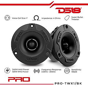 DS18 Car Speakers Bundle 4X PRO-GM6B 6.5" Midrange Speakers + 4X PRO-TWX1/BK Aluminum Super Bullet Tweeters + Amplifier 4 Channels - PRO Loudspeakers Car Audio Component Package