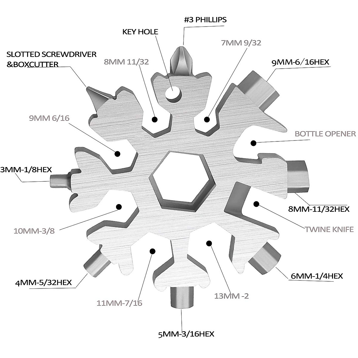 Yiflin 18-in-1 Snowflake Multitool, Stainless Steel Snowflake Tool Snowflake Bottle Opener/Flat Phillips Screwdriver Kit/Wrench, Durable and Portable to Take, Great Christmas Gift with Gift Box