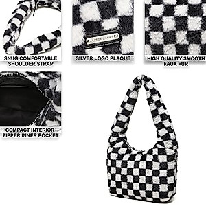 Fashion Soft Faux Fur Shoulder Bag Purse for Women Retro Checkered Fluffy Hobo Handbag Zipper Closure (White Black)