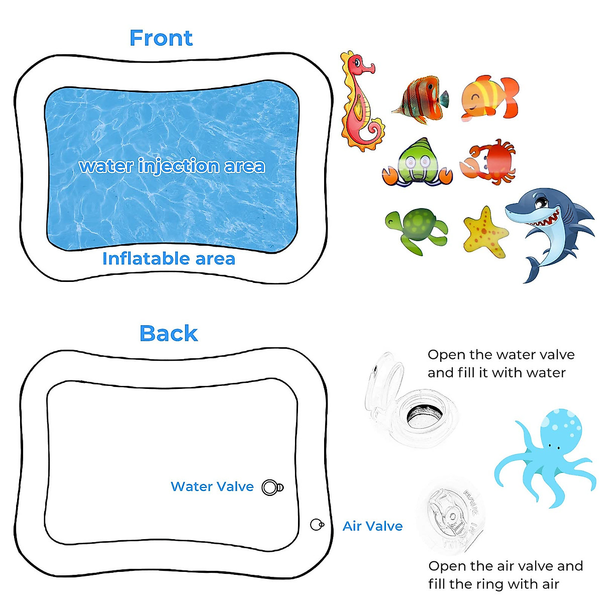 AURUZA Tummy Time Mat - Inflatable Baby Activity Mat, Premium Baby Water Mat Baby Toys for 3 6 9 12 Months, Funny Baby Activity Center Development of Hand-Eye Coordination, Portable