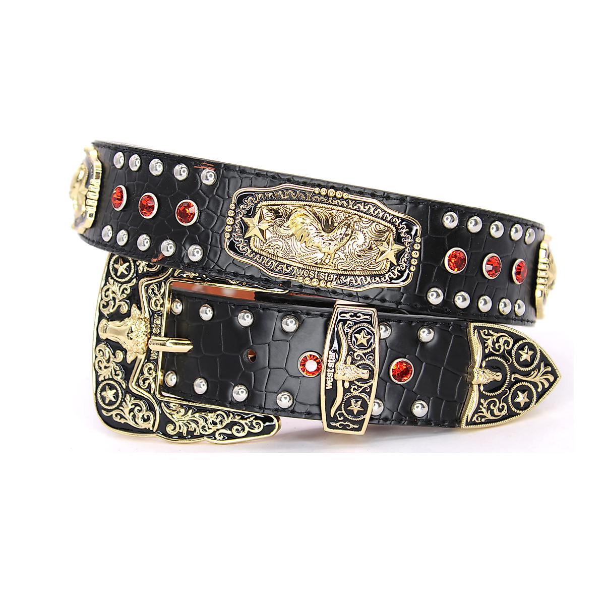 West Star Concho Genuine Leather Belt Mens Women Western Cowboy Leather Belt-Rooster Black Red XL