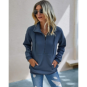 PRETTYGARDEN Women’s Casual Long Sleeve Lapel Zipper Sweatshirt Drawstring Loose Pullover Tops Dark Blue
