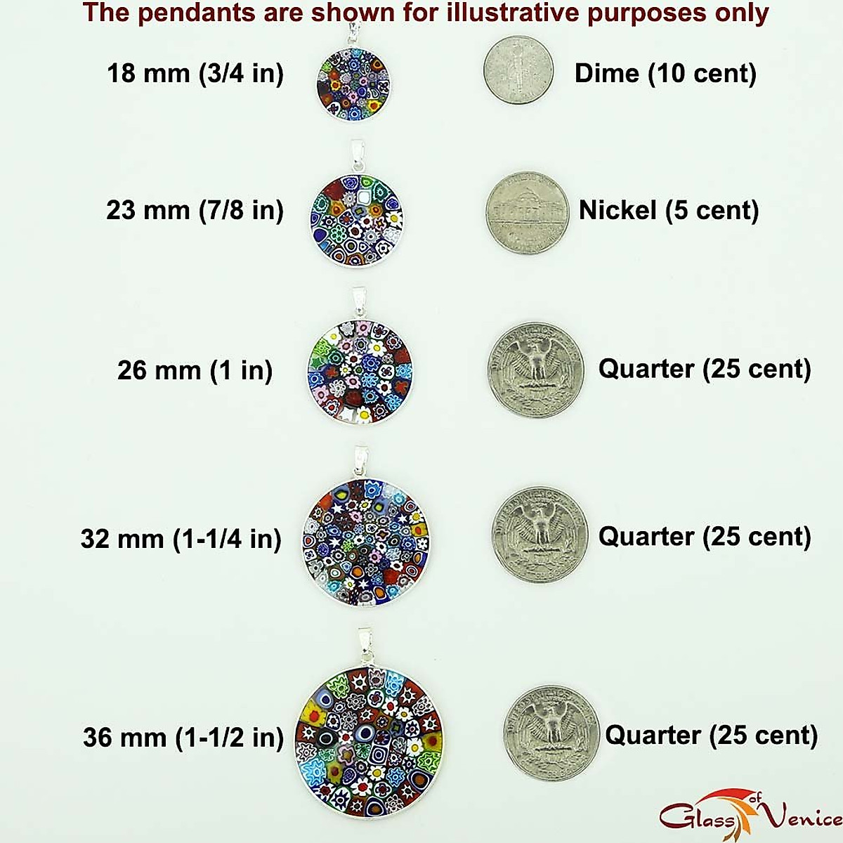 Glass Of Venice Italian Murano Glass Pendant Small 3/4 Inch Round Multicolor Millefiori Flower in Sterling Silver - Murano Glass Pendants for Women