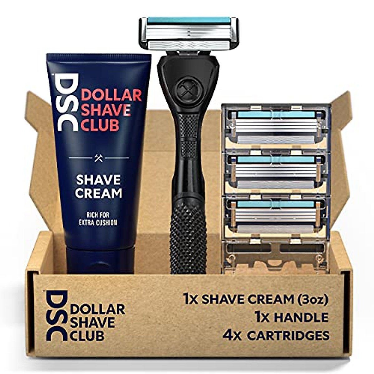 Dollar Shave Club | 4-Blade Razor Set | Diamond Grip Club Razor Handle, 4-Blade Club Razor Cartridges, Shave Cream with Aloe and Coconut Oil, Easy to Grip Handle, Shaving Kit, Value Bundle ,Black/Teal