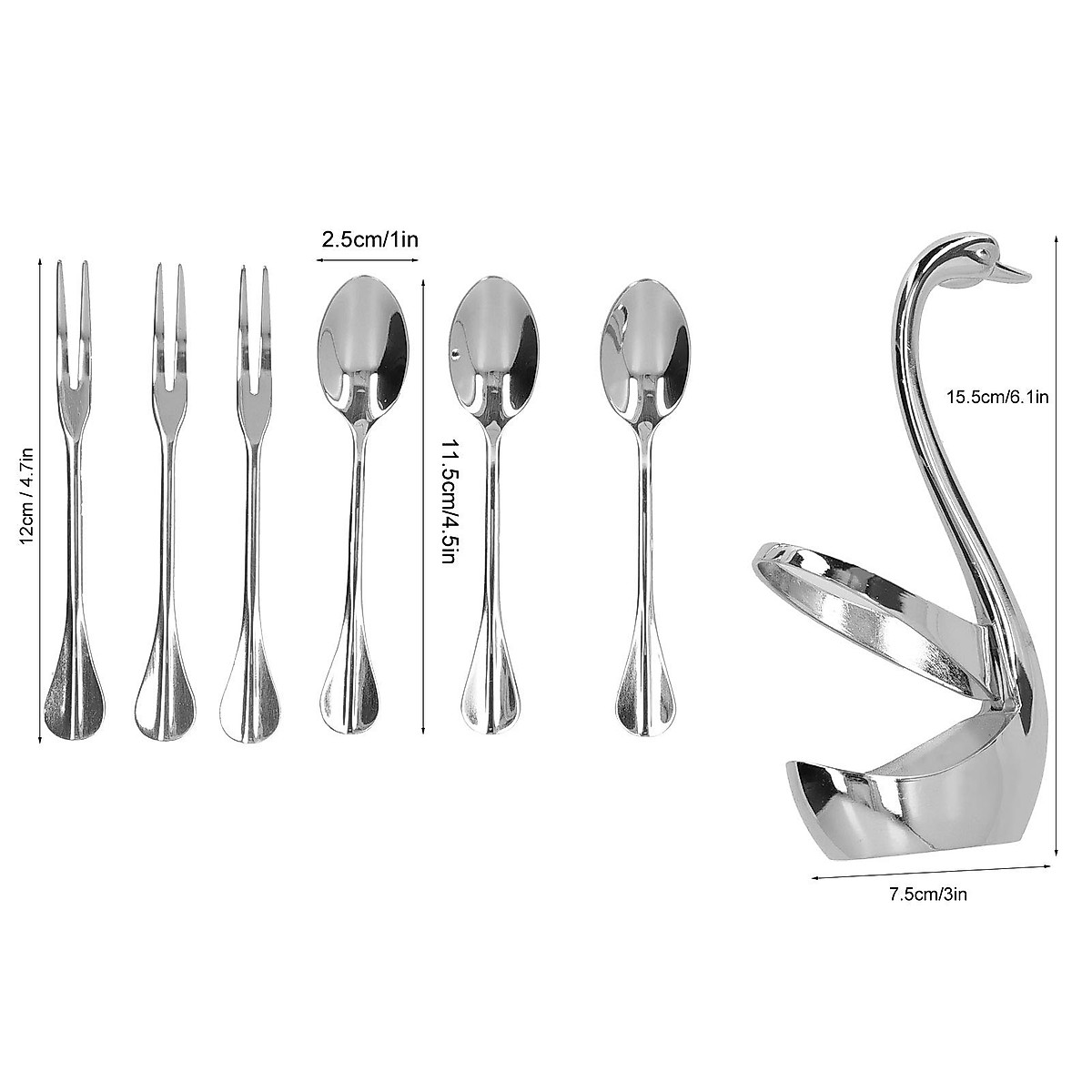 Stainless Steel Flatware Set Dessert Cutlery Set Includes Swan Tableware Storage Rack Base 3 Forks+3 Spoons Silver Flatware Set for Kitchen and Restaurant Silverware Modern Silver Holder