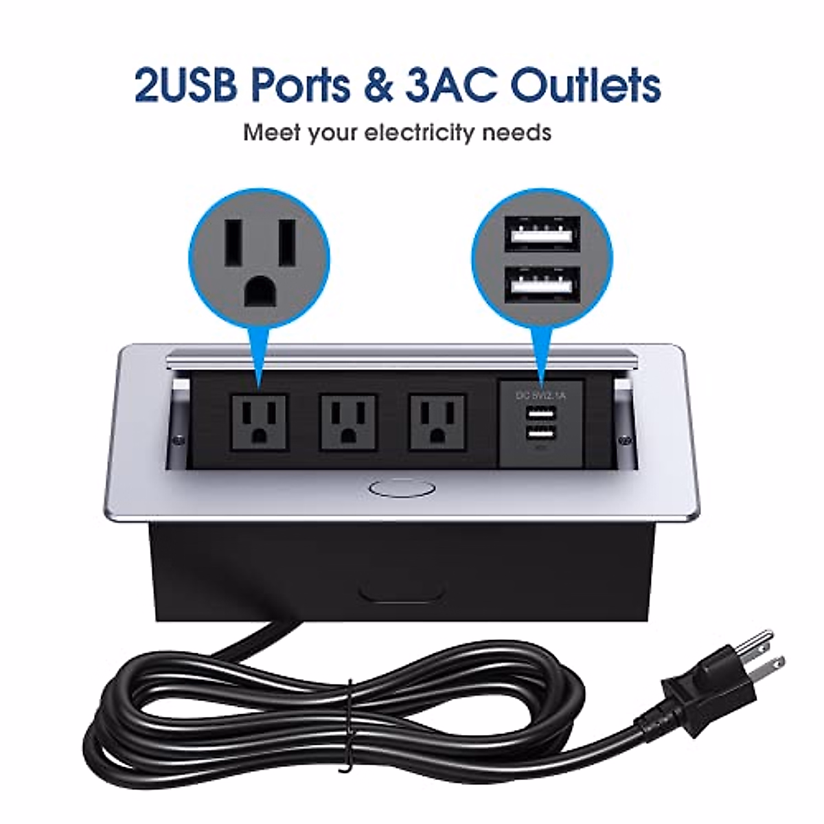 KYHSHJ Connection Box Desktop Pop Up Outlet with 2 USB Ports & 3 Outlets (Silver)