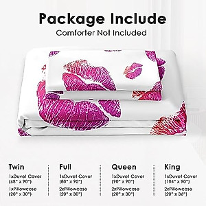 Duvet Cover Queen Size, Red Pink Sexy Makeup Bedding Set with Zipper Closure for Kids and Adults, Woman Valentine Purple Comforter Cover with 2 Pillow Shams for Bedroom Bed Decor
