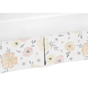 Sweet Jojo Designs Yellow and Pink Watercolor Floral Girl Baby Nursery Crib Bed Skirt Dust Ruffle - Blush Peach Orange Cream Grey and White Shabby Chic Rose Flower Farmhouse