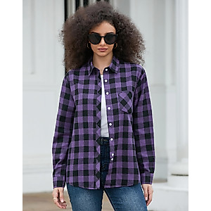 SANGTREE Womens Flannel Shirt, Casual Plaid Tops Long Sleeve Button Down Shirt for Women Buffalo Purple, Medium
