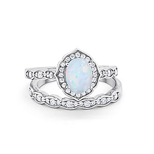 Blue Apple Co. Two Piece Art Deco Vintage Style Wedding Engagement Bridal Set Ring Band Oval Round Lab White Opal Cubic Zirconia 925 Sterling Silver Size-9