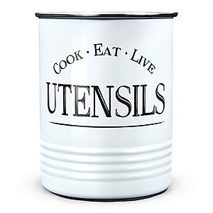 Walford Home Original Kitchen Utensil Holder Crock, White With Premium Padded Base - Vintage Farmhouse Home Kitchen Decor - Large Kitchen Tool Utensil Storage Caddy Organizer