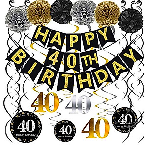 Famoby Gold Glittery Happy 40th Birthday Banner,Poms,Sparkling 40 Hanging Swirls Kit for 40th Birthday Party 40th Anniversary Decorations