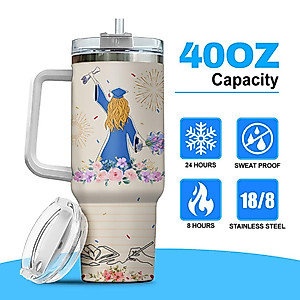 99OWL Graduation Gifts, Tumbler 40 Oz With Handle Lid And Straw, Congrats Graduation Memorial, Gold Royal Of Senior Handle Floral Heart Class Light Teal Flower Tumblers Rose Navy