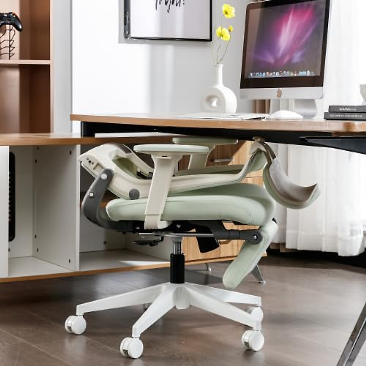 Ergonomic Mesh High Back Desk Chair, Adjustable Headrest Office Chair with 5d armrest and Foot Rest, tilt Function max 128° Computer Desk Swivel Chair with Wheels (Green)