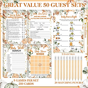 Patelai 321 Pcs Baby Shower Games Supplies, 5 Sets (50 Cards Each) Activities Cards with 20 Pencils 1 Don't Say Baby Sign 50 Clothespin(Little Pumpkin)