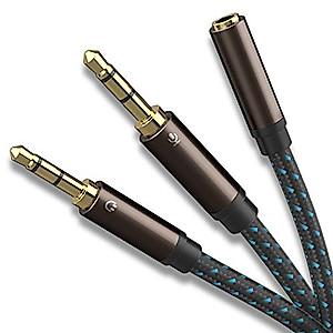 JewMod Headphone Splitter for 3.5mm Female to 2 Dual 3.5mm Male Headphone Mic Audio Y Splitter Cable Nylon-Braided Smartphone Headset to PC Adapter - (1Ft)