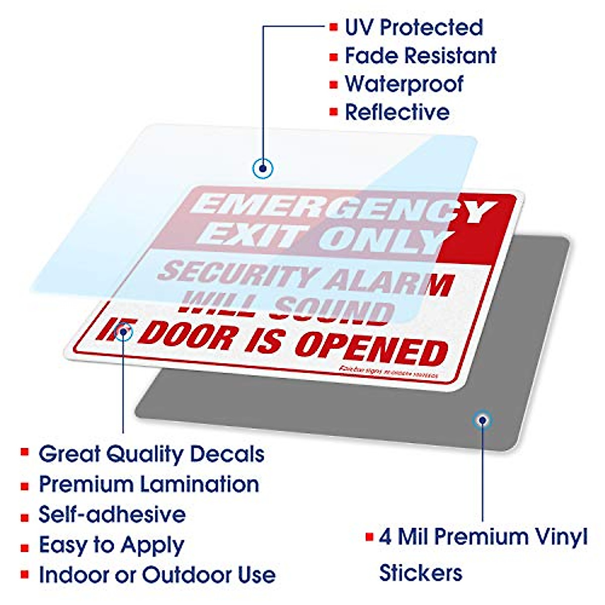 Emergency Exit Only Sticker, Emergency Exit Only - Security Alarm Will Sound If Door Is Opened Label, 2 Pack, 10 x 7 inch Self-Adhesive Vinyl Decal Stickers, Reflective, UV Protected, Waterproof