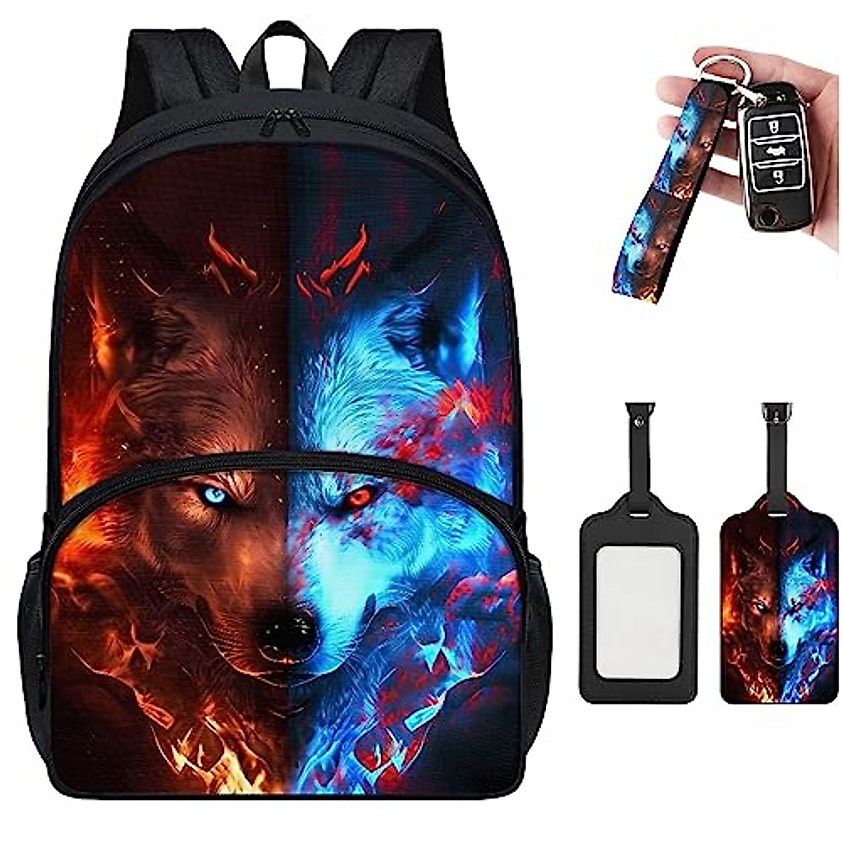 DMOYALA Fire Wolf Backpack for Boys Girls Japanese Style Travel Backpack Lightweight Large Work Backpack for Men Canvas Work Bag for Girls Back To School Supplies Key Chains for Car Keys