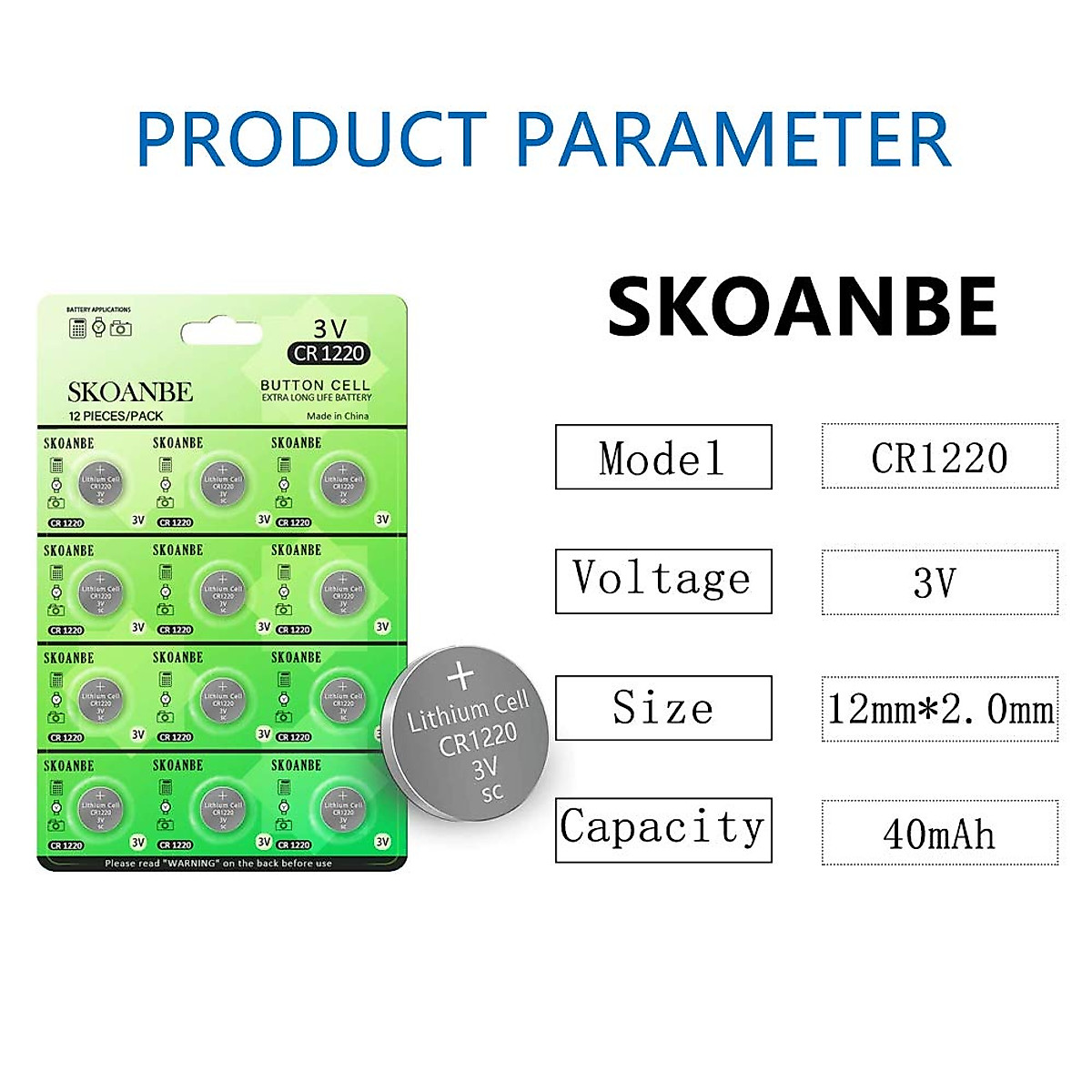 SKOANBE 12PCS 1220 3V Lithium Button Coin Cell CR1220 Battery