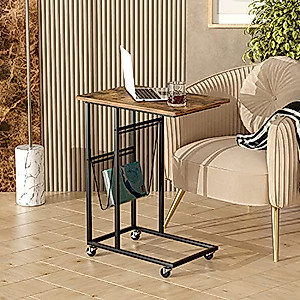 EKNITEY Small Couch Side Table - 21.8 * 13.9" Enlarged Tabletop Industrial End Table Convenient C Shaped Snack Table with Side Pocket for Living Room, Laptop, Bedroom, and Small Spaces (Rustic Brown)