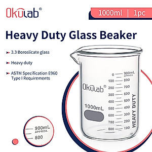 Okulab Heavy Duty Glass Beaker Set, Thick-Walled 3.3 Borosilicate Glass Beakers, with Double Scale Printed Graduation, Vol.1000ml, HBKG1000A1
