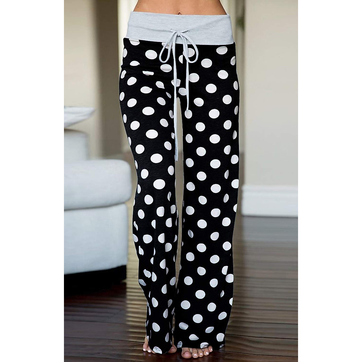 AMiERY Womens High Waisted Pants Soft Stretch Sleep Polka Dot Juniors Pants Pajamas Bottoms Wide Leg Pants Joggers Lounge Palazzo Pants Black L