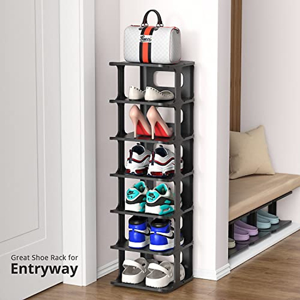 ZOINLIY Stackable Shoe Rack for Small Space, 4 Tiers 2 Columns Shoe Rack Organizer for Closet, Bedroom, Entryway, Black Free Standing Shoe Shelf, Shoe Cubby, 10.2" D x 19.2" W x 16.9" H