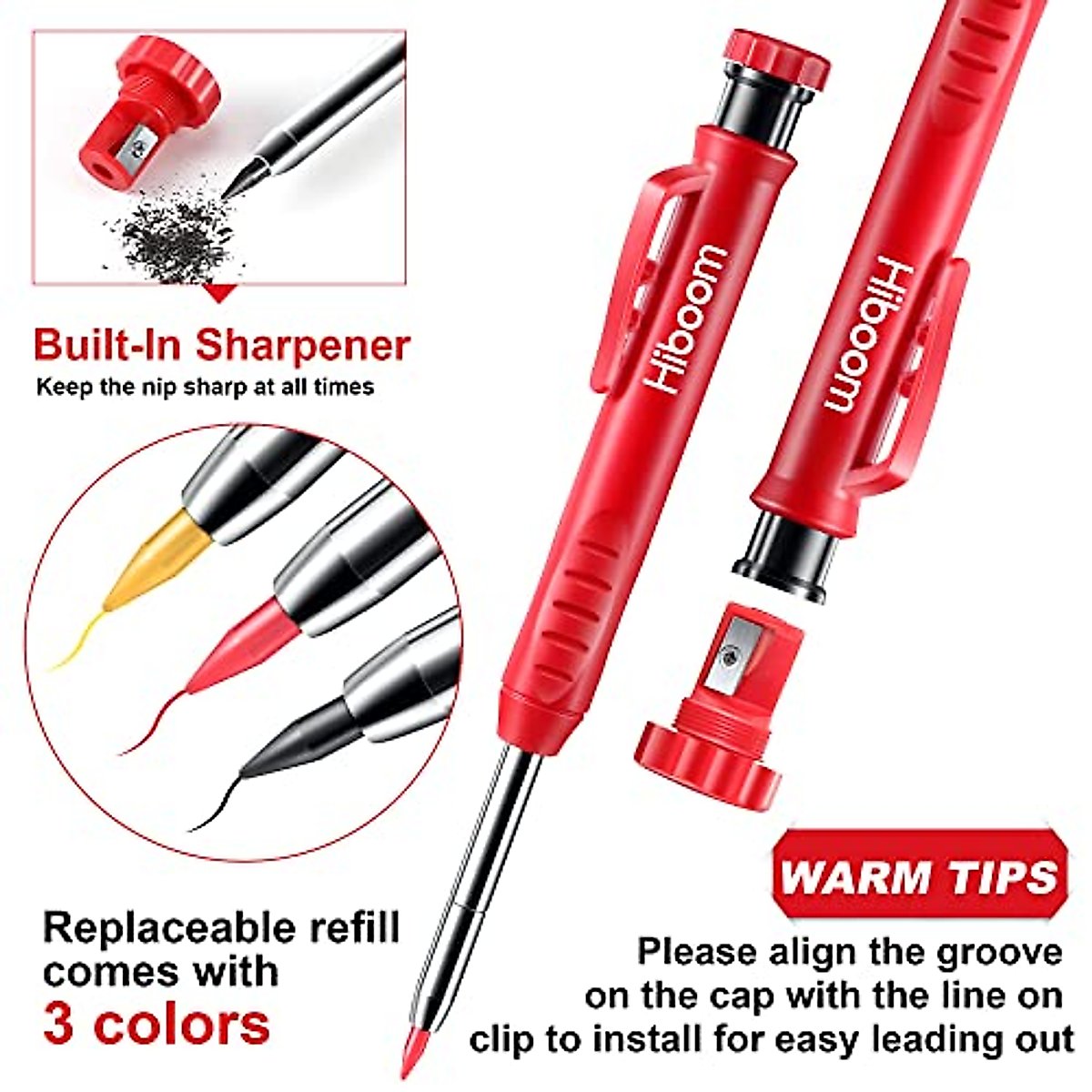 Hiboom 3 Pack Solid Carpenter Pencils with Carpenter Pencil Cap and 27 Refills, Deep Hole Mechanical Scriber Marking Tools with Built in Sharpener for Construction Woodworking Architect