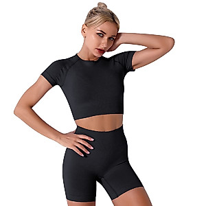 Black Workout Sets for Women: 2 Piece Yoga Outfit Tracksuits High Waisted Running Biker Shorts with Strap Sport Shirt Crop Top Exercise Running Clothes Athletic Gym Sets Matching Active Wear Medium