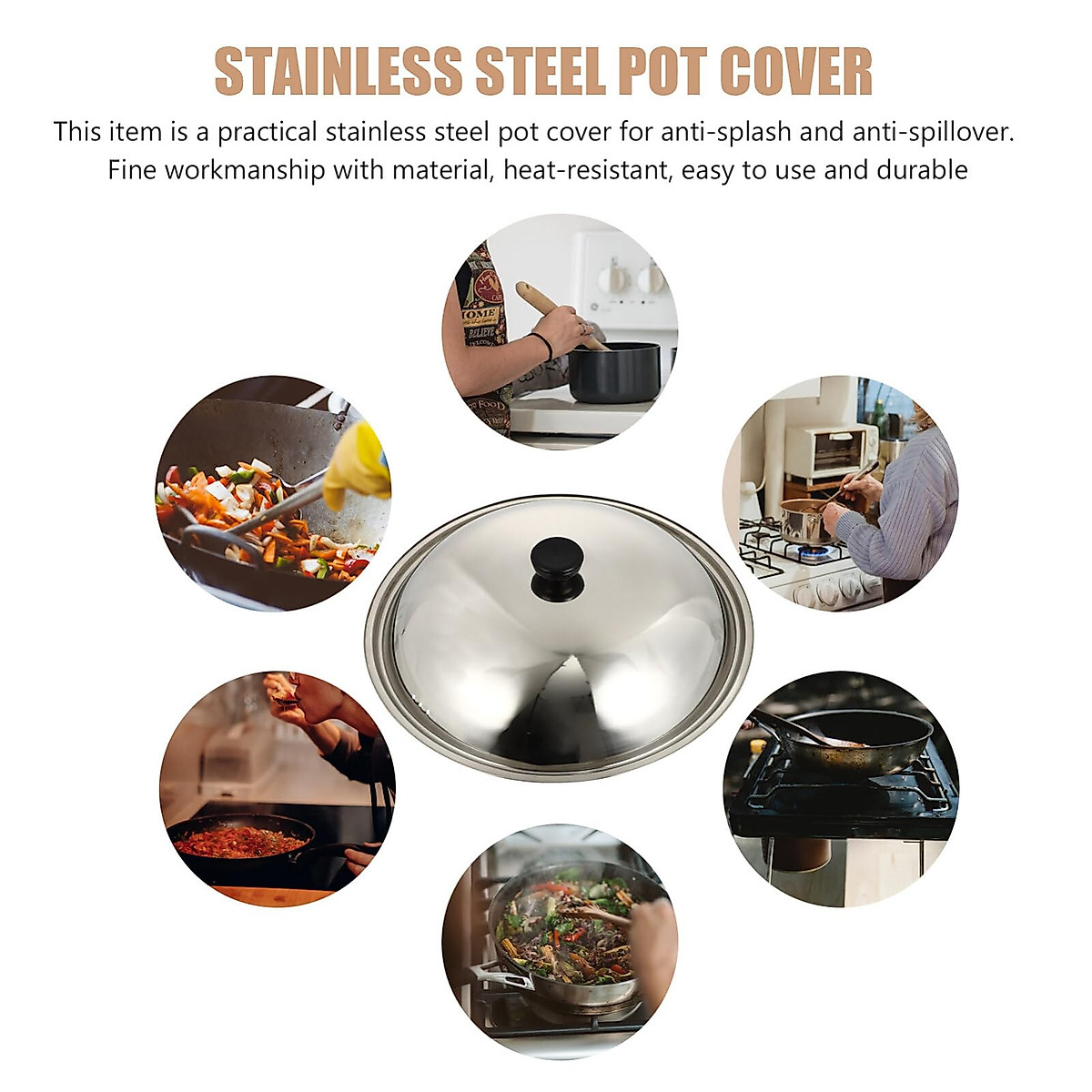 Housoutil Baking Dish Stainless Steel Wok Lid 34cm/ 13. 5inch, Wok Cover with Glass Insert and Knob, Griddle Basting Cover Cooking Pot Lid with Random Style Lid Handle for Asian Cooking