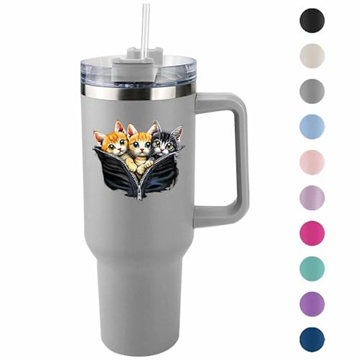 40 ounce insulated cup with handle, double-layer vacuum stainless steel material, equipped with straw, can keep warm or maintain cold drinks Animal Cat Funny 1 grey