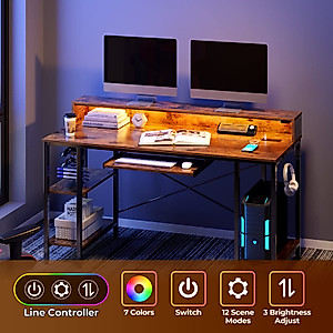 Rolanstar Computer Desk 47 inch with LED Lights & Power Outlets, Gaming Desk with Storage Shelves, Home Office Desk with Keyboard Tray, Writing Desk with Monitor Stand, Work Desk, Rustic Brown