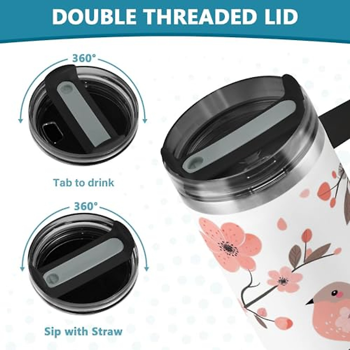 FRCSDIY Birds and Flowers Insulated Tumbler with Handle and Straw Lid,40oz Leakproof Stainless Steel Cup BPA-Free Water Bottle