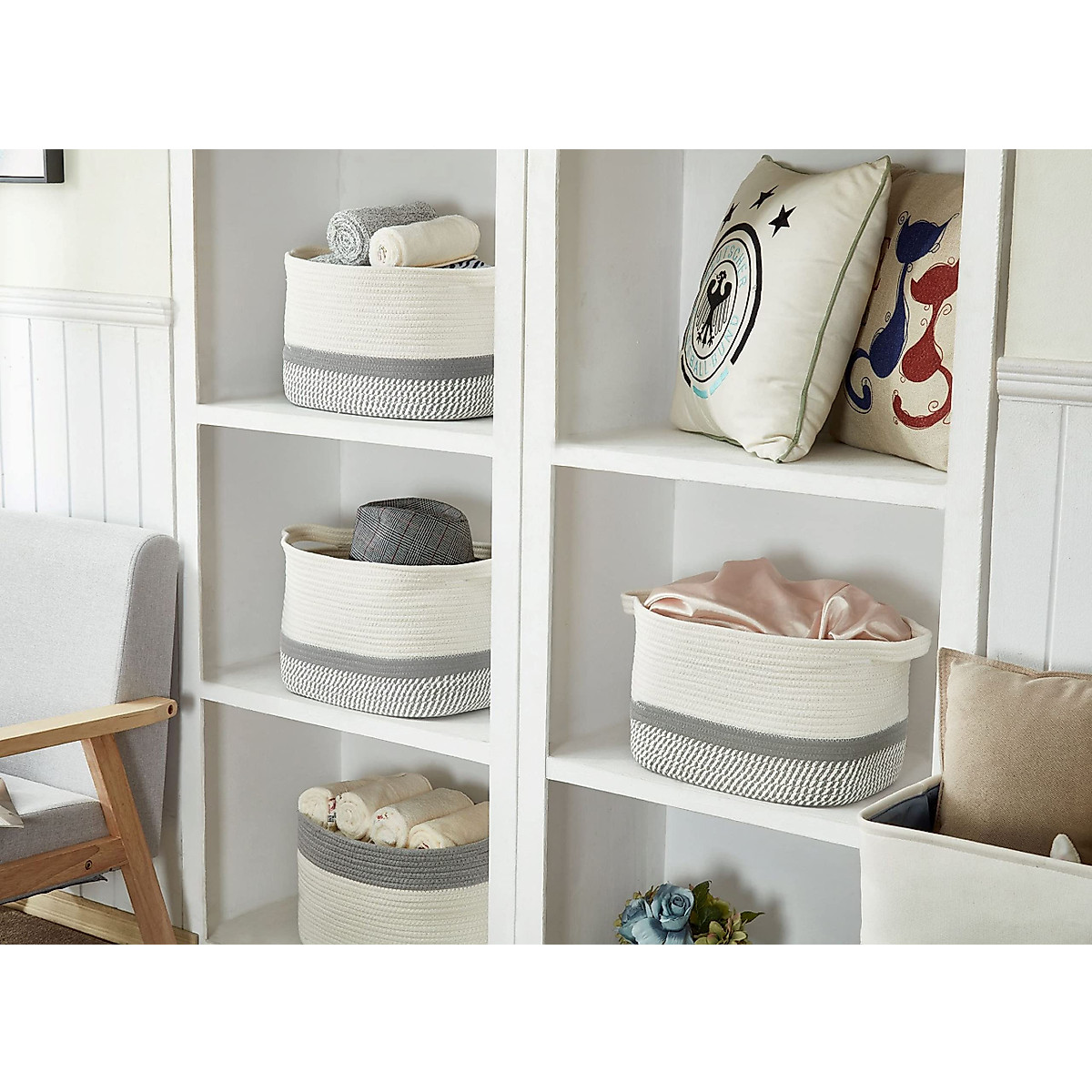 DECOMOMO Woven Baskets for Storage | Large Decorative Cotton Rope Basket for Organizing Baby Toy Book Nursery Kids Laundry Organizer 15" x 11" x 10" (Grey, Large – Set of 3)