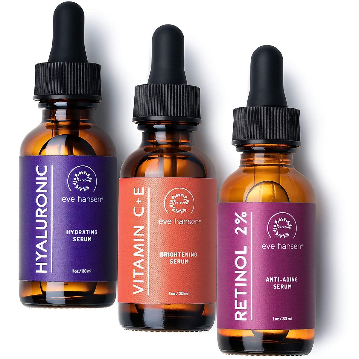 Eve Hansen Facial Serum Set | Vitamin C Serum, Hyaluronic Acid Serum, Retinol Serum | Hydrating and Anti-Aging Serum Set | 3x1 oz