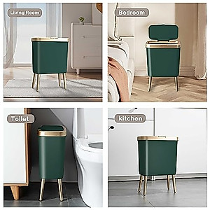 JOSUCLEN Bathroom Trash Can with Lid, Modern Bedroom Garbage Can with Gold Edge, 4 Gallon Trash Bin Plastic Waste can for Office, Narrow Garbage Can with Legs