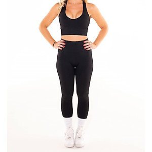 Women Active Set Yoga Sports Bra and High Waisted Scrunch Leggings Butt Lifting (Black, L)
