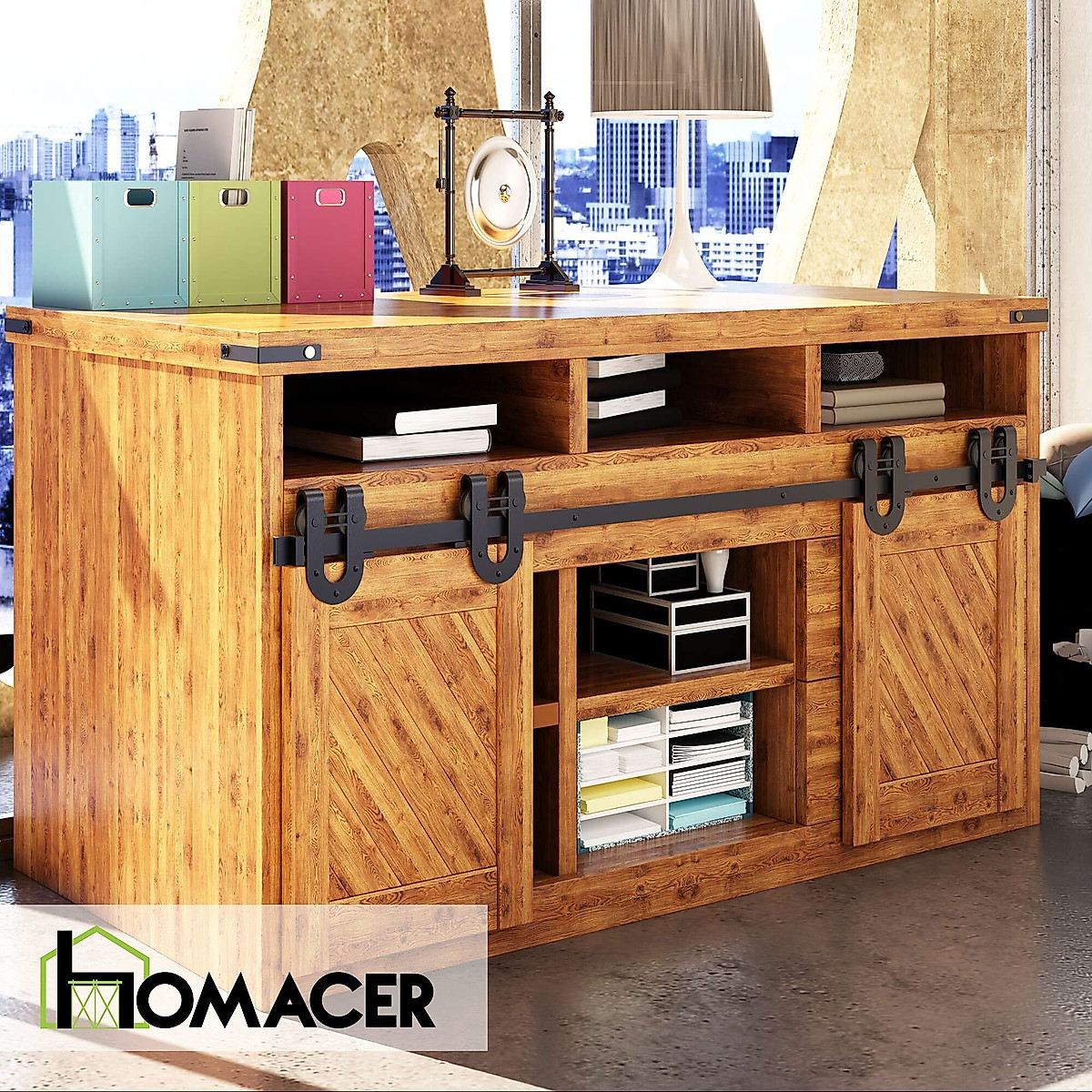 Homacer Mini Black Rustic Non-Bypass Sliding Barn Door Hardware Kit, for Two/Double Doors, 72-inch Long Flat Track, Horseshoe Design Roller, Cabinet TV Stand Console Use…