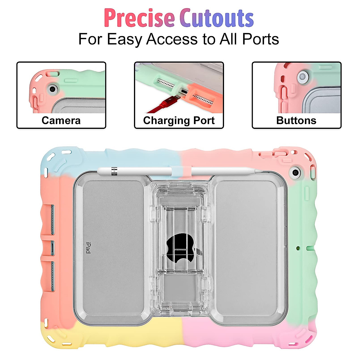 TopEsct iPad 9th/8th/7th Generation Case, iPad 10.2 Case for Kids with Portable Shoulder Strap, PET Screen Protector & Shockproof Silicone, Rainbow