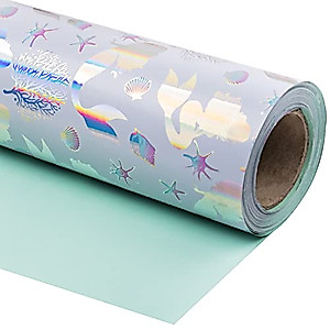 WRAPAHOLIC Reversible Wrapping Paper - Mini Roll - 17 Inch X 33 Feet - Mermaid with Colorful Foil Design for Kid's Birthday, Party, Baby Shower