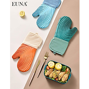 EUNA Silicone Oven Mitts, Heat Resistant Oven Mitts and Pot Holders Sets, Non-Slip Kitchen Mittens with Mini Oven Gloves and Hot Pads, Perfect for Baking Cooking, Quilted Liner, Gift Box, Blue & Azure