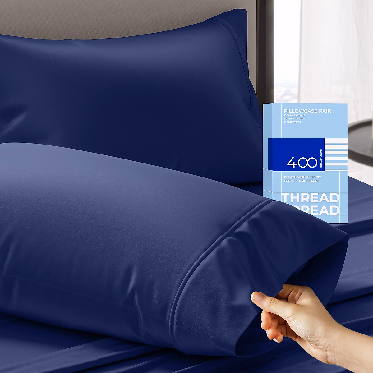 THREAD SPREAD 100% Cotton Pillowcases Standard/Queen Size Set of 2-400 Thread Count Cotton Pillowcases, Ultra Soft Cool Sateen Weave Pillow Cases for Sleeping, Set of 2 Pillow Covers (Navy Blue)