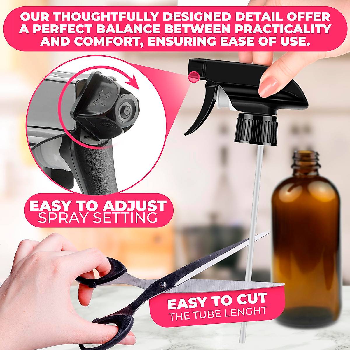 ALPENKOK 4 Pcs Spray Nozzle for Bottles - Spray Bottle Tops Replacement, Durable Plastic, Adjustable Length, 2 Spray Modes, Fits 8 Oz and 16 Oz Bottles, Good Sealable Fit for Home and Garden Use