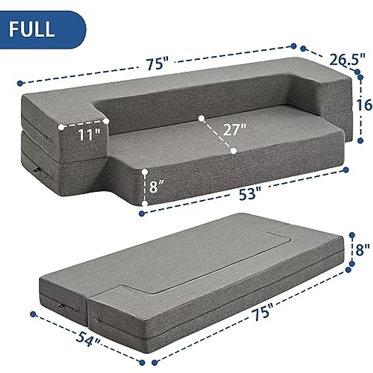 ILPEOD Floor Sofa Bed Futon Couch, Fold Out Couch Bed, Full Size 8 Inch Memory Foam Folding Sofa Bed Couch, Sleeper Convertible Mattress and Frame for Bedrooms Living Room Gaming Bed, Grey