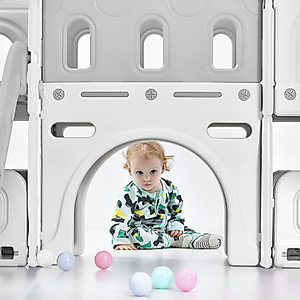 Merax 6-in-1 Kids Slide with Climber, Basketball Hoop, Tunnel and Storage Space, Outdoor Indoor Slide Playset for Toddlers Age 1-12