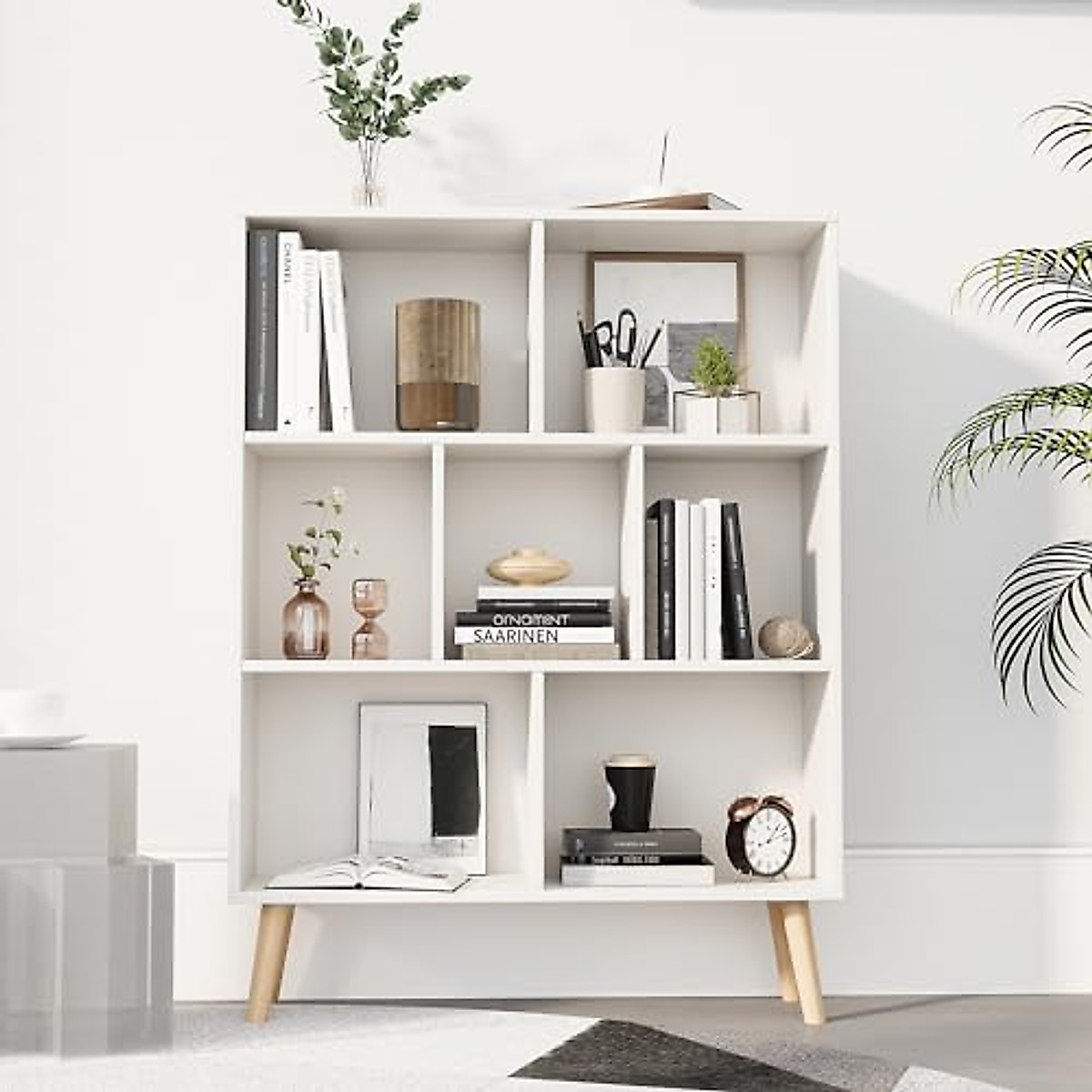DIFY Wooden Bookcase 7 Cube Open Bookcase with Legs, Display Bookshelves Storage Organizer Shelf for Living Room, Home Office and Bedroom, White