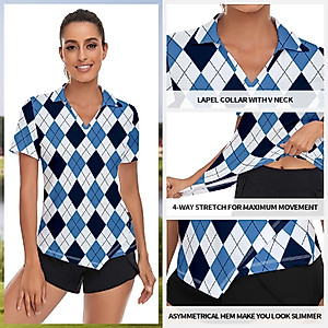 Women Argyle V-Neck Golf Polo Shirt Quick Dry Lightweight Short Sleeve T-Shirts, Medium