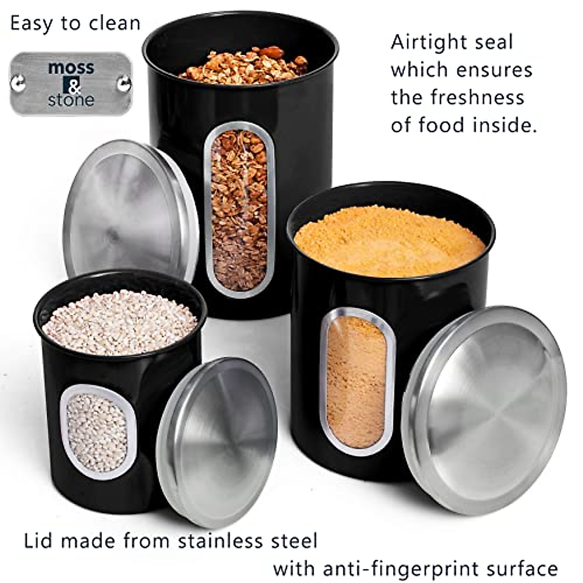 Moss & Stone 3 Piece Black Canisters Sets For The Kitchen, Kitchen Jars With See Through Window | Airtight Coffee Container, Tea Organizer, And Sugar Canister, Kitchen Canisters Set of 3 (Black)