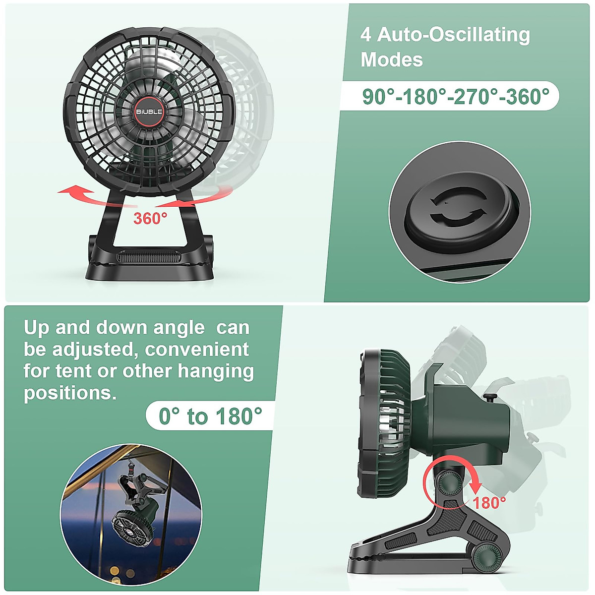 30000mAh Rechargeable Camping Fan with LED Lantern, Portable Battery Operated Fan 360° Oscillating Outdoor Fan, Quiet Battery Powered USB Table Fan with 4 Light Modes, 7 Timers for Home Jobsite Tent