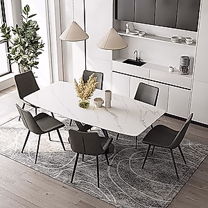 Modern Dining Table, Sintered Stone Tabletop Dining Room Table for Up to 8, Simple Retro Art, Rounded Corner Design, Solid Black Carbon Steel Base, 71"